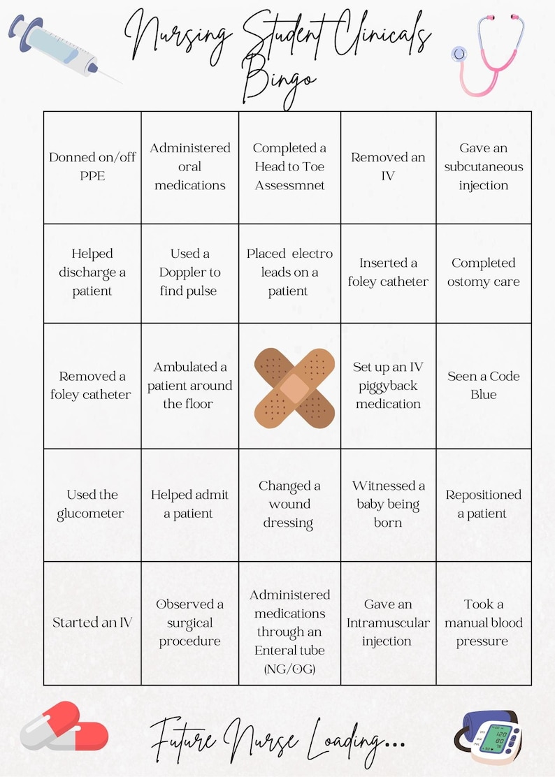 Printable Nursing Student Clinicals Bingo, Nursing Theme, RN, LPN ...