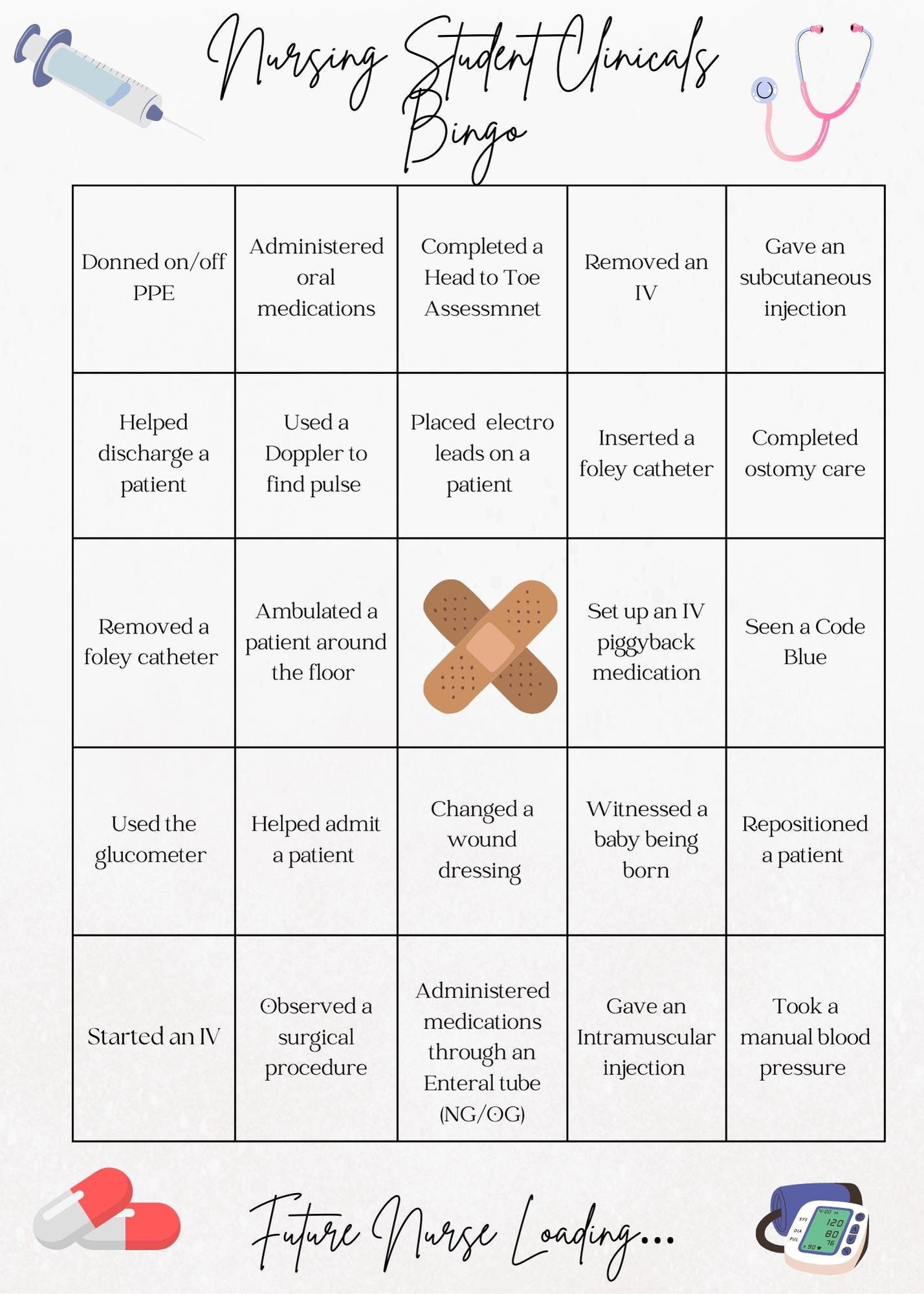 Printable Nursing Student Clinicals Bingo, Nursing Theme, RN, LPN ...