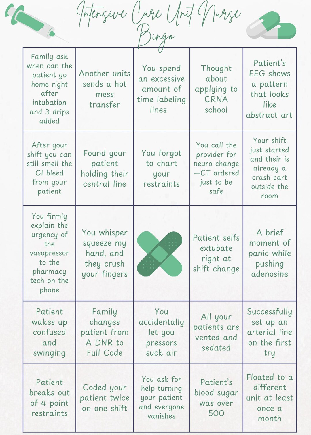 Printable Nursing Intensive Care Unit (ICU) Bingo, Nursing Theme, RN ...