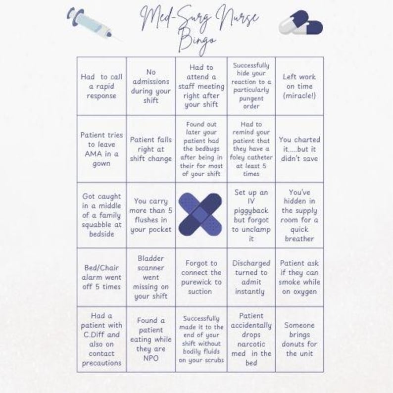 Printable Nurse Medical-surgical Unit Bingo, Nursing Theme, RN, LPN ...