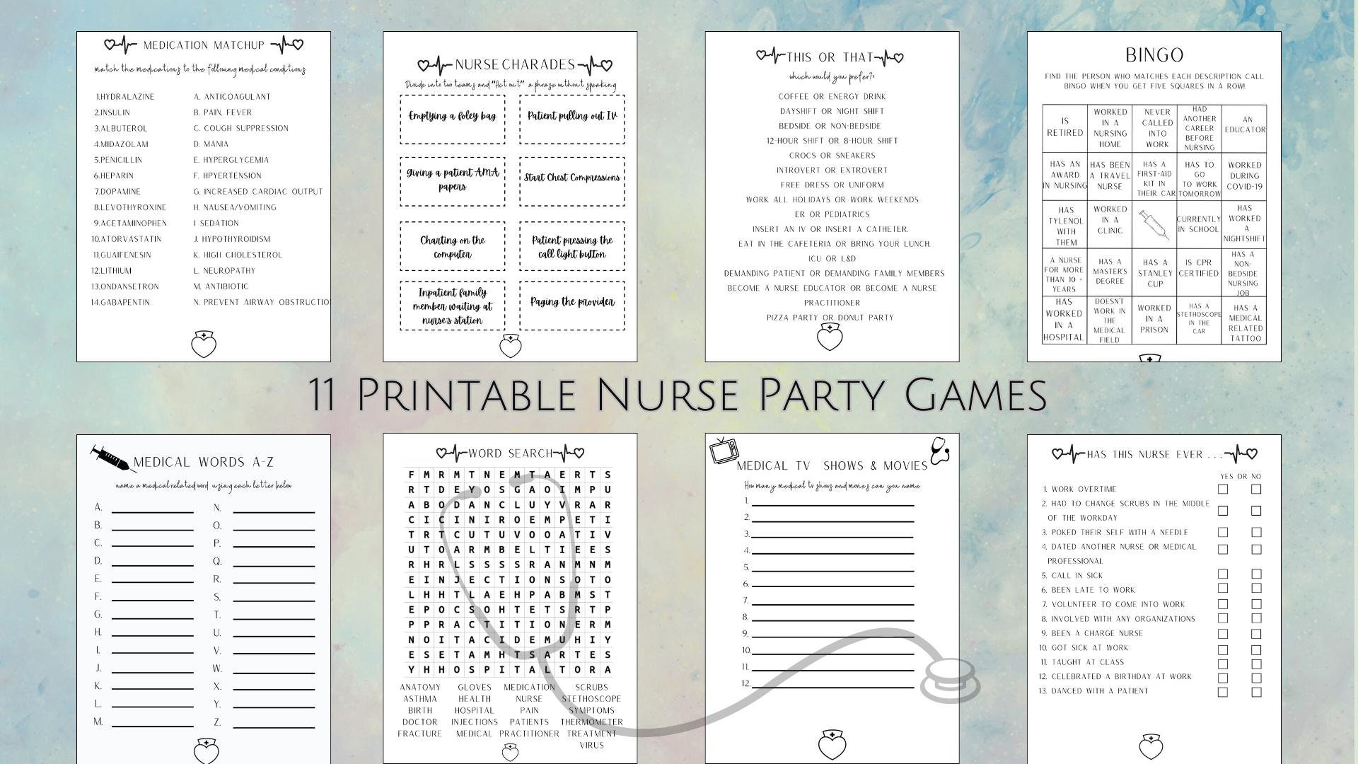11 Printable Nurse Party Games Bundle, Graduation Games, Retirement ...