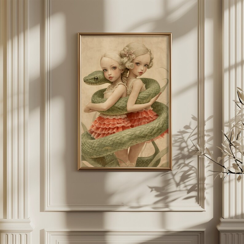 Whimsical Art Sisters and Snake, Vintage Pop Surreal Print, Fantasy ...