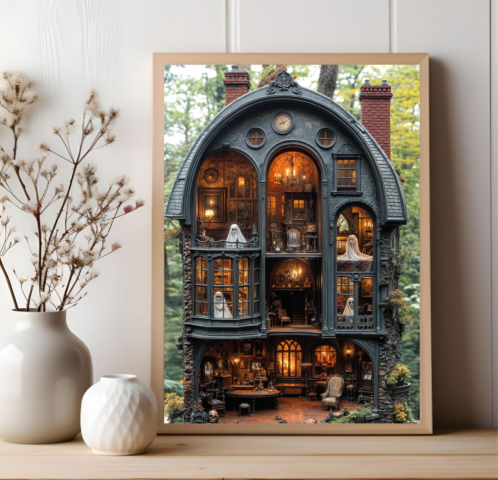 Haunted House Wall Art, Halloween Gothic Mansion Decor, Spooky Ghost ...