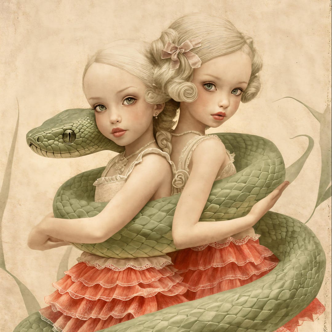 Whimsical Art Sisters and Snake, Vintage Pop Surreal Print, Fantasy ...