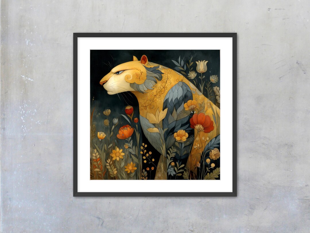 Folk Art Lioness Colorful Fantasy Art Print Floral Wall Decor Stylized ...