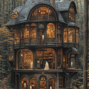 Haunted House Wall Art, Spooky Gothic Mansion Decor, Halloween Ghost ...