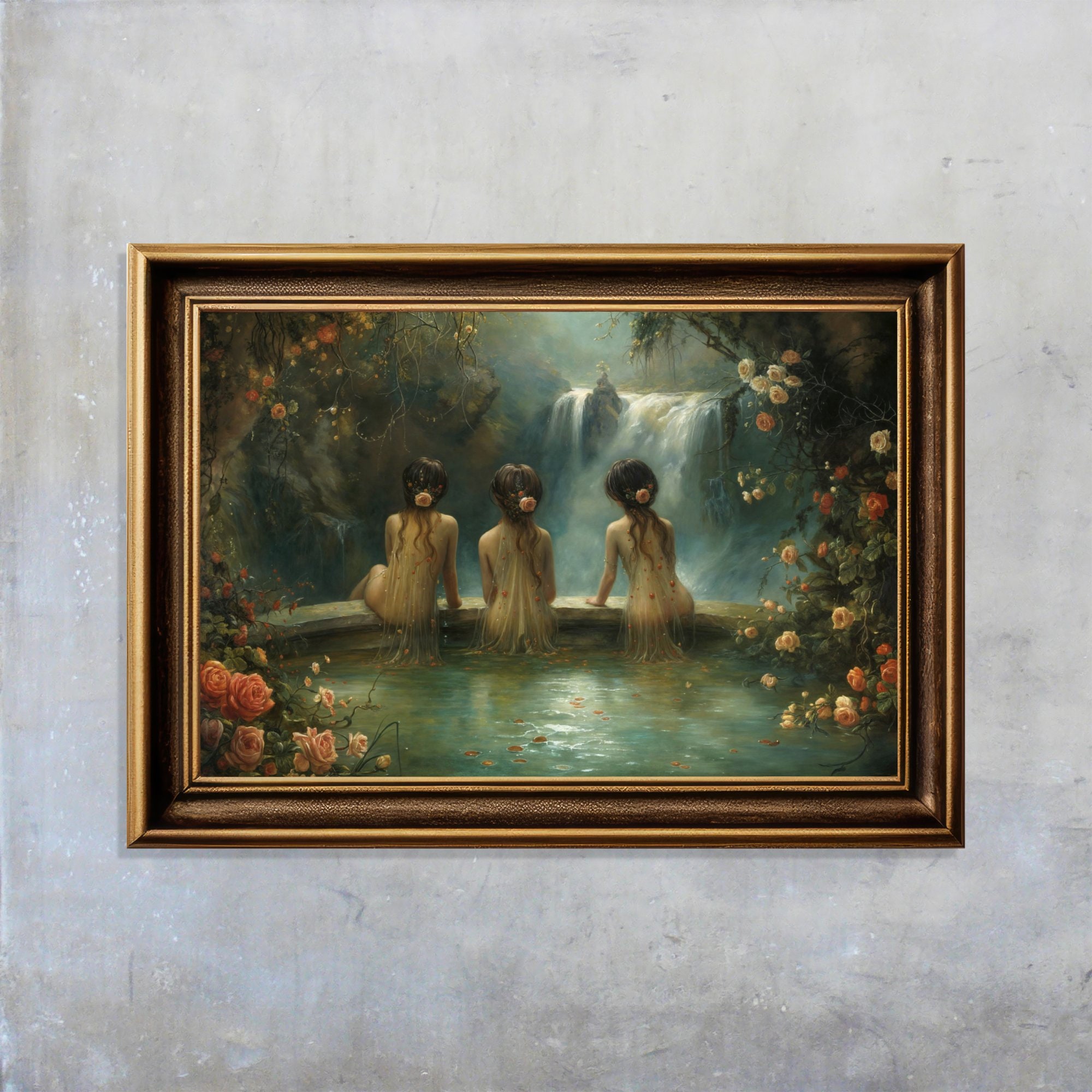 Enchanted Grotto and Nymphs Waterfall Art, Mystic Creatures in Nature ...