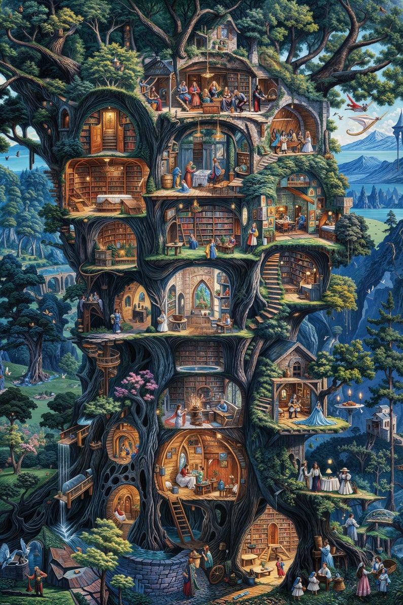 Enchanted Treehouse Cutaway Wall Art, Fantasy Home Decor, Whimsical ...