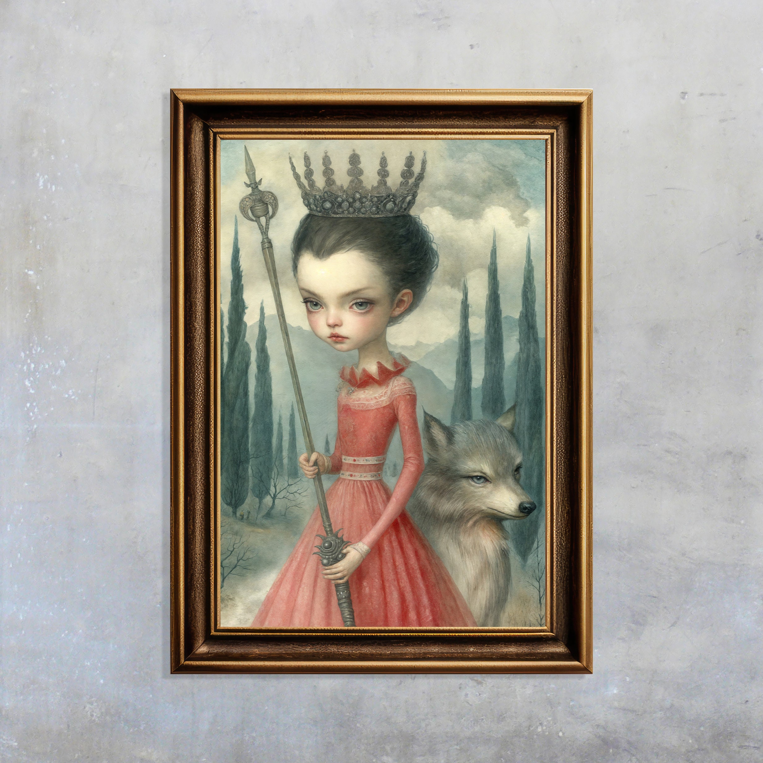 Gothic Princess and Wolf Art Print, Whimsical Fantasy Art, Mysterious ...