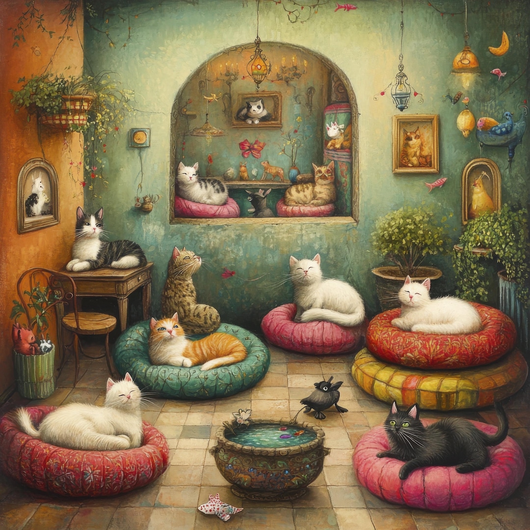 Cute Cat Cafe Art Print, Adorable Feline Illustration, Whimsical Cat ...