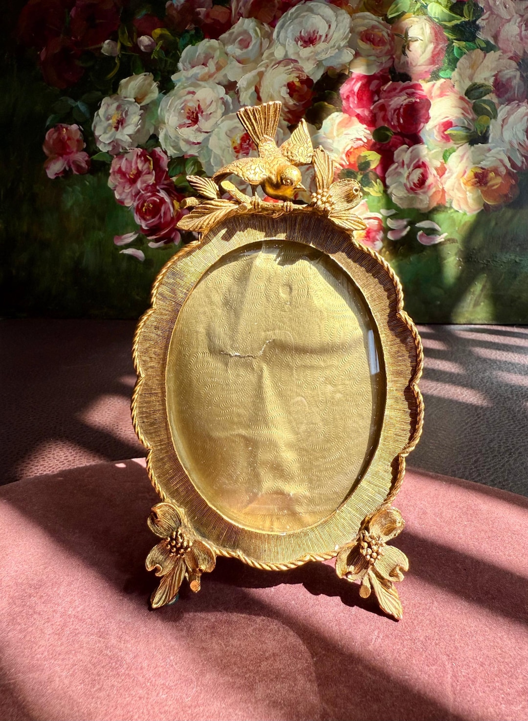 24kt Gold Plated Matson Vintage Bird on Dogwood Flowers Ornate Oval ...