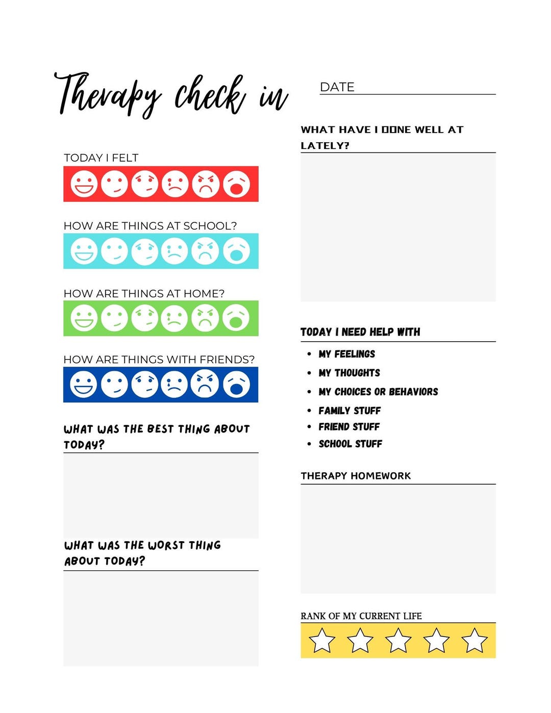 Therapy Check in Worksheet for Children/teens - Etsy