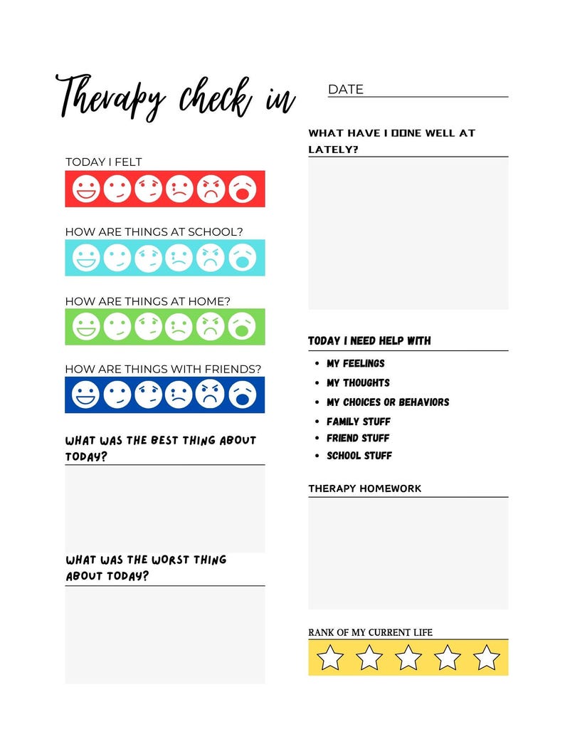 Therapy Check in Worksheet for Children/teens - Etsy