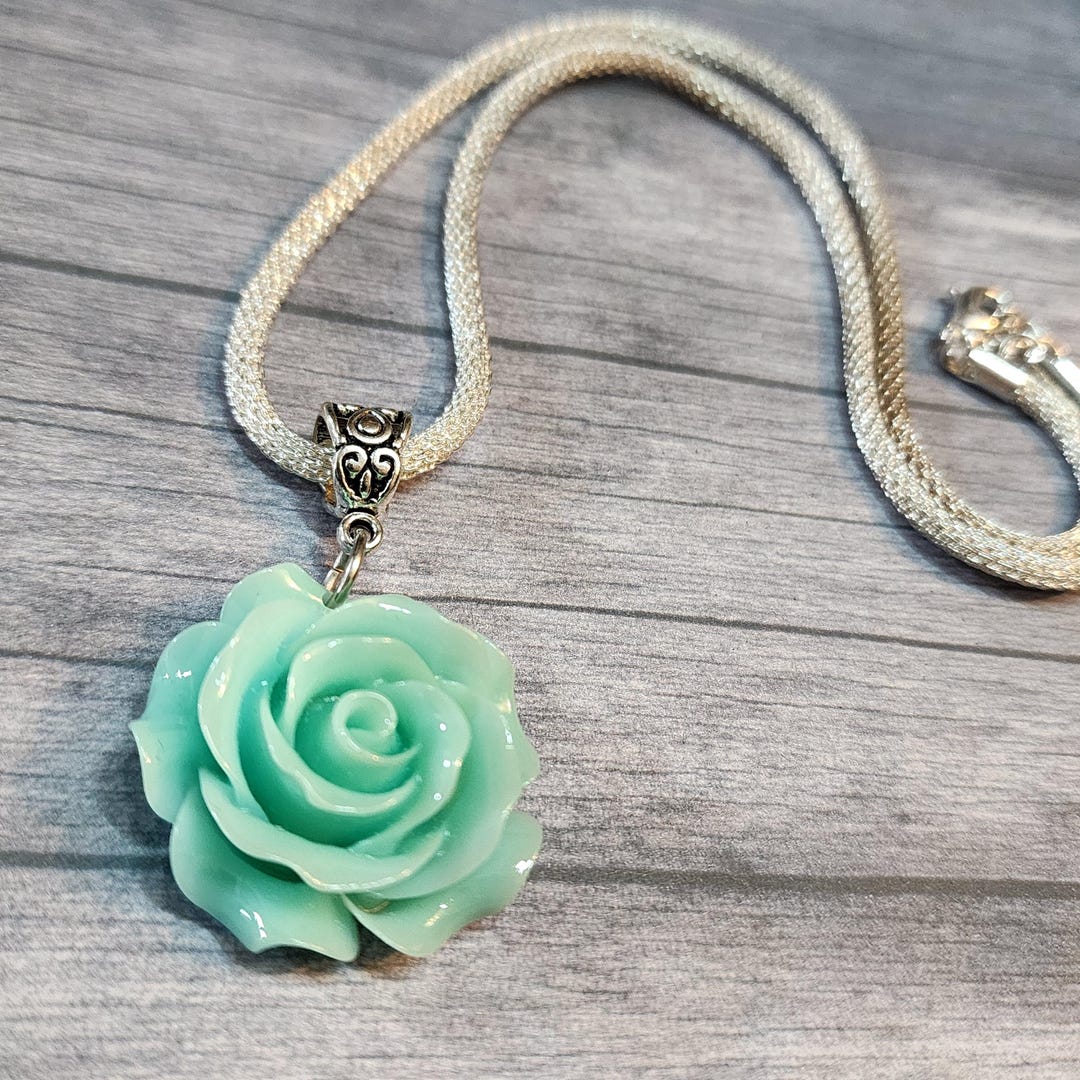 Light Turquoise Blue Rose Necklace, Vintage Style Silver Flower ...