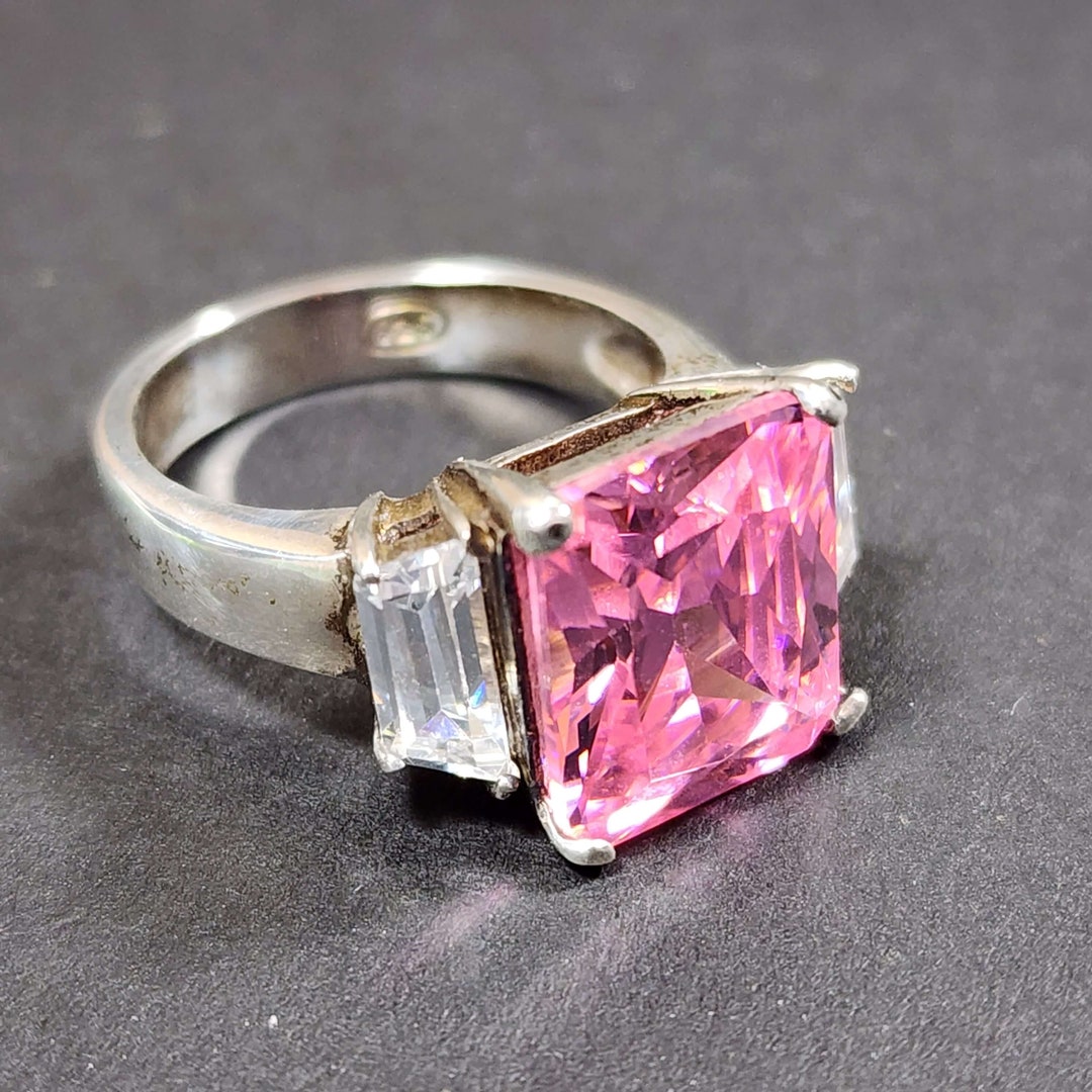 Sterling Silver Pink Princess Cut CZ Ring, Vintage Jewelry, October ...