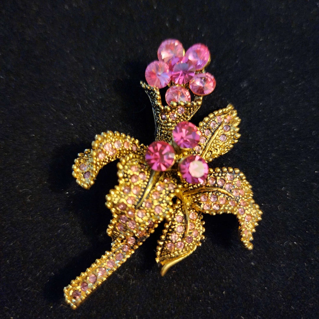 Vintage Pink Flowers Brooch, 2.5 Inch Gold Lapel Pin With Sparkly Pink ...