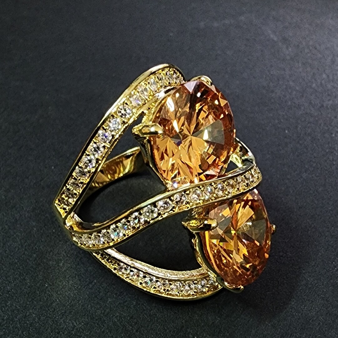 Womens Huge Gold Ring With Champagne Topaz Czs, Statement Ring, Chunky ...