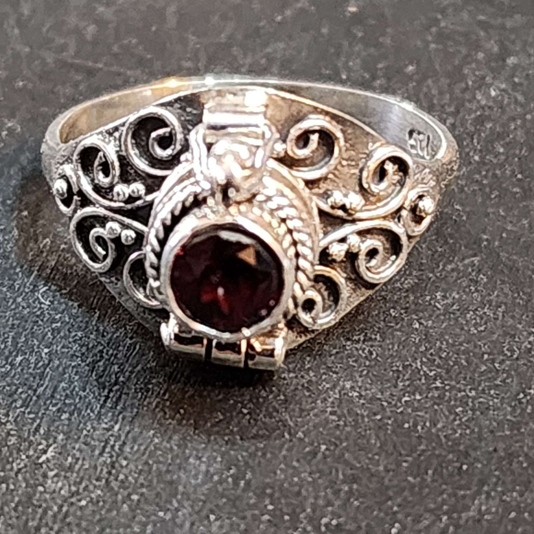 Garnet Ring, Sterling Silver Poison Ring, 925 Secret Compartment Ring ...