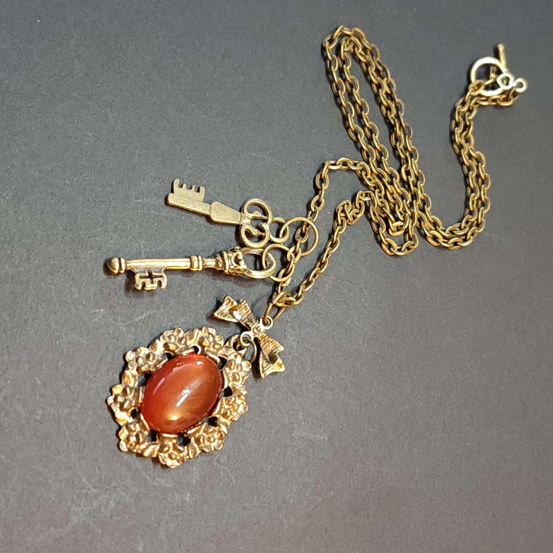Victorian Charm Necklace, Carnelian Antiqued Bronze Pendant With Key ...