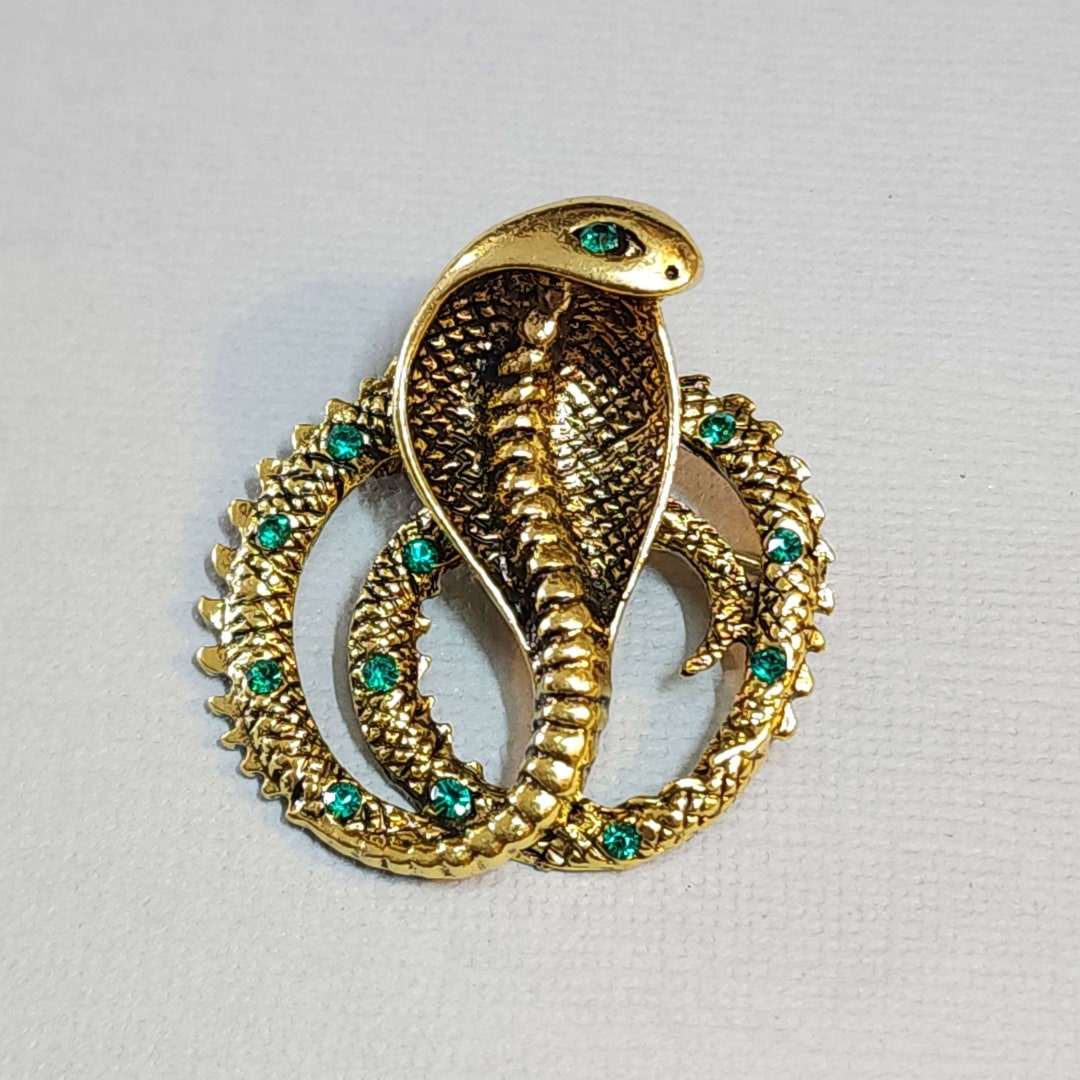 Gold Cobra Snake Brooch, Goth Lapel Pin With Green Rhinestones - Etsy