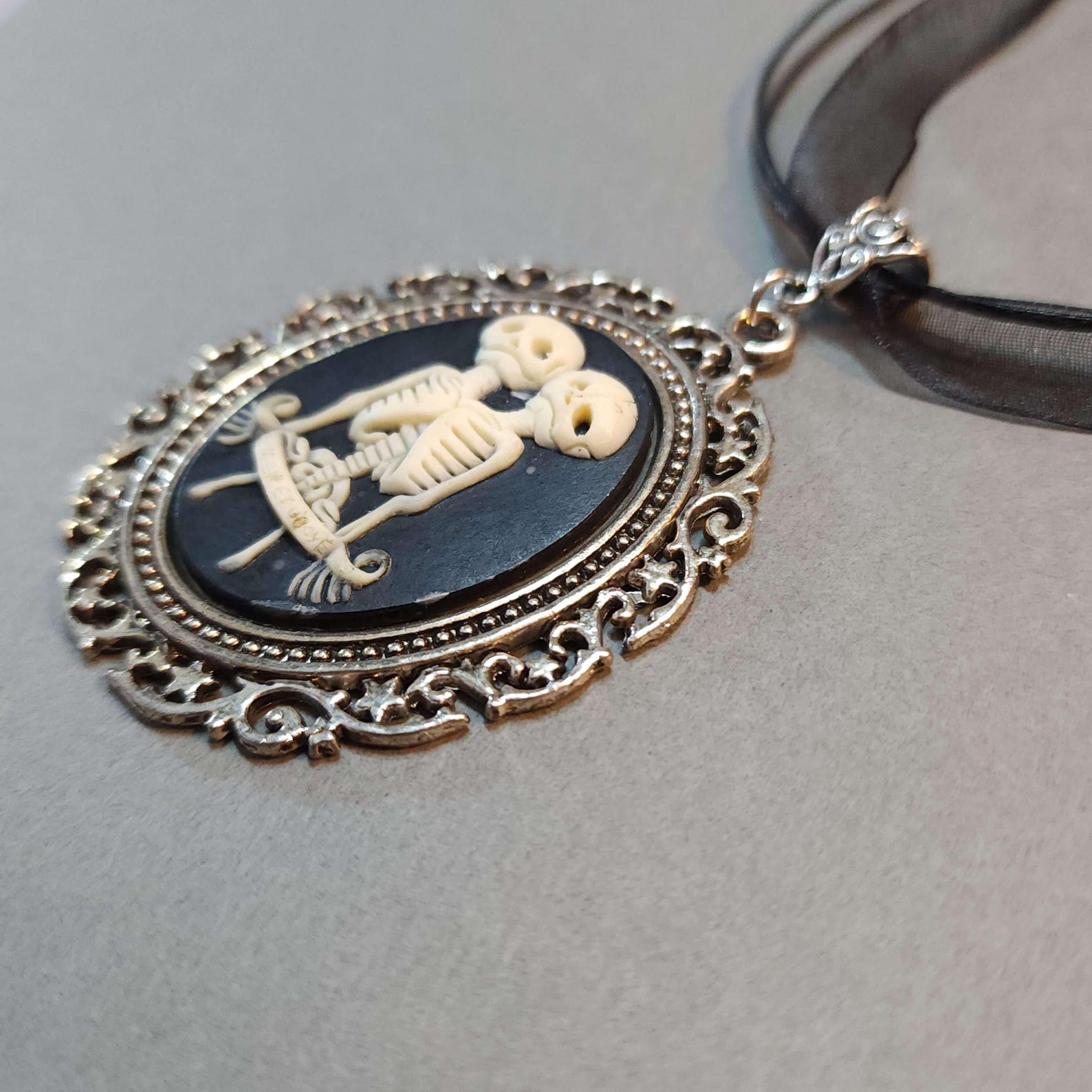 Two-headed Skeleton Cameo Necklace, Goth Halloween Pendant Vintage ...