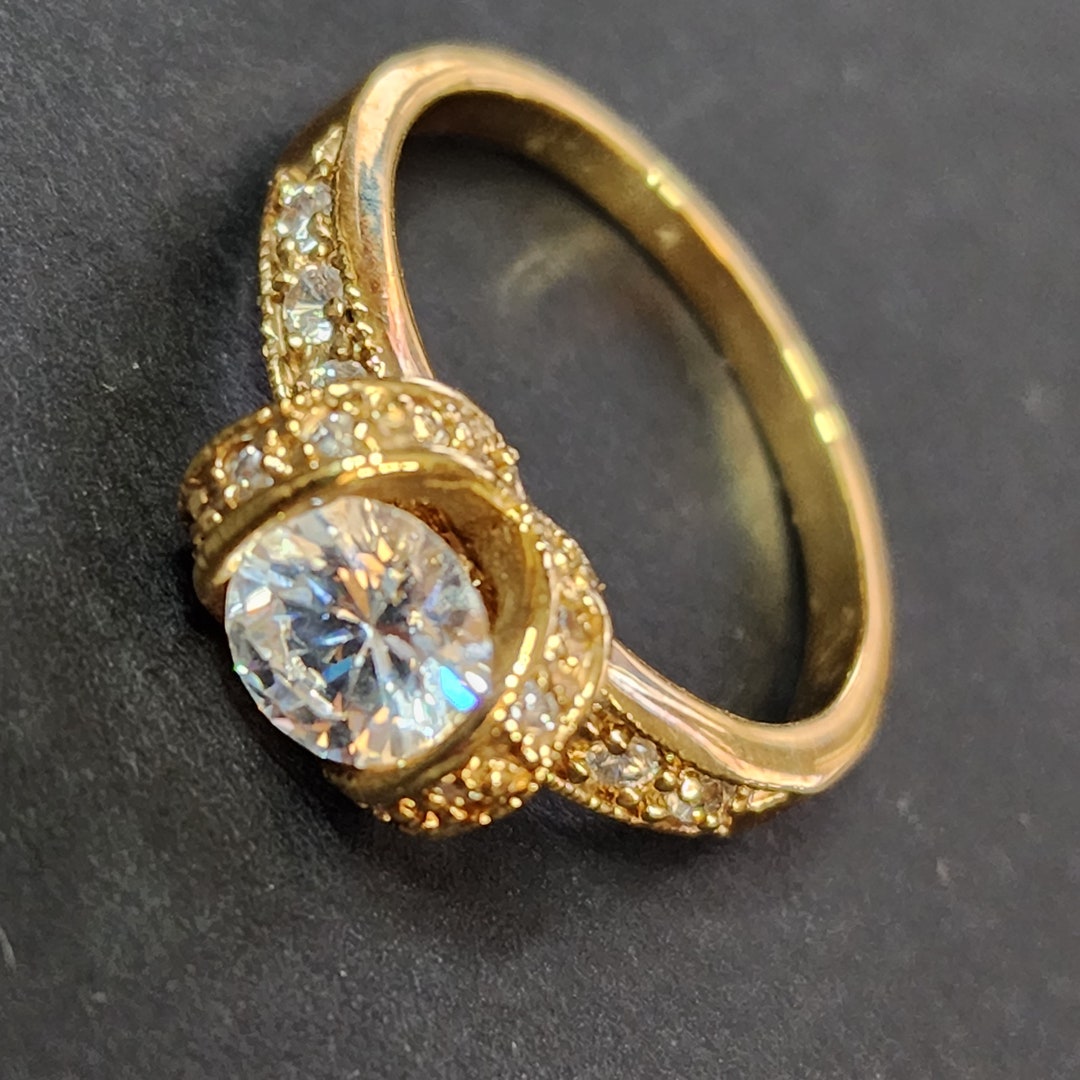 Vintage Gold Engagement Ring With Clear Faceted Faux Diamond Czs - Etsy