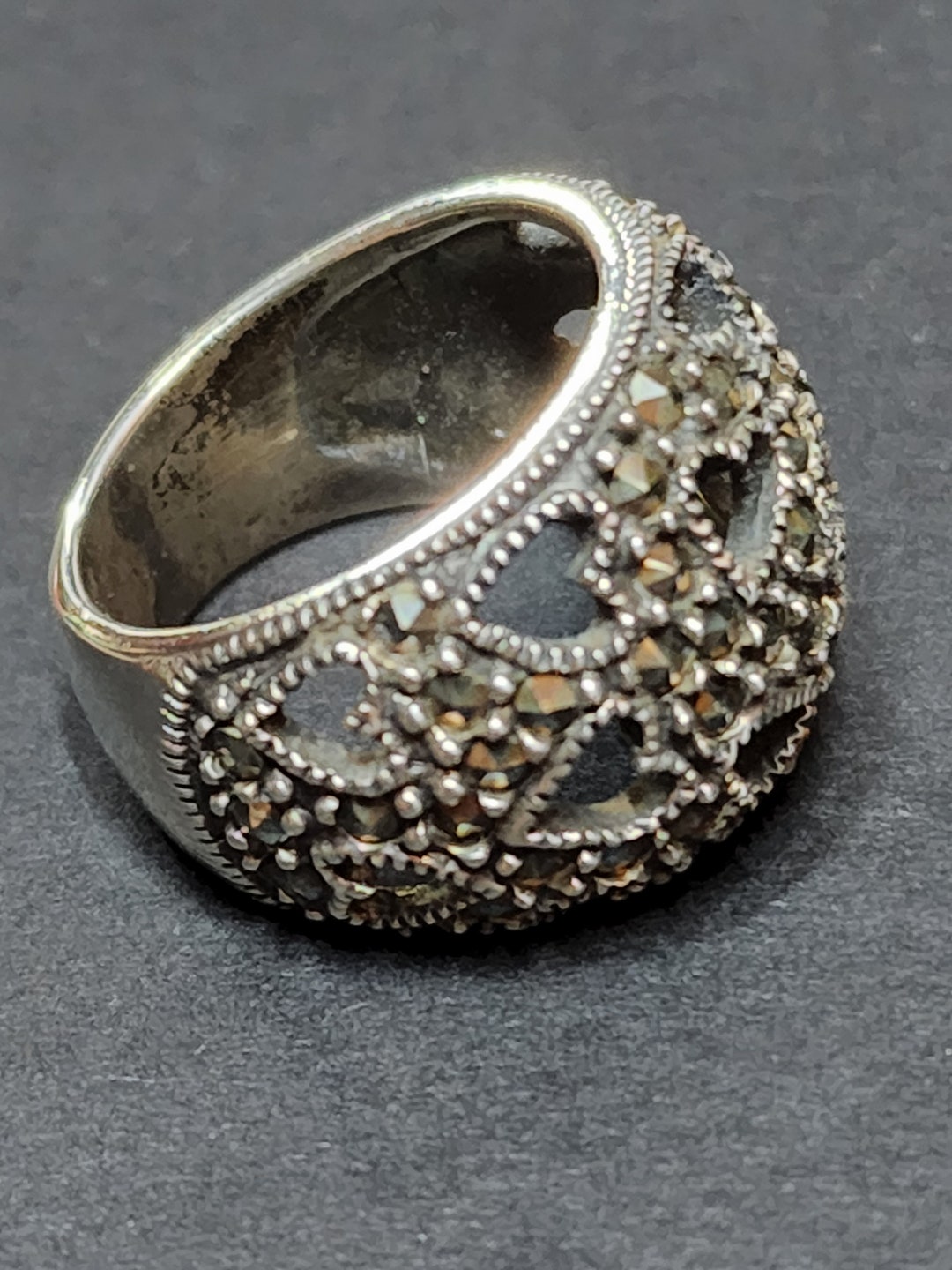 Size 6 Sterling Silver Marcasite Ring, Wide Band Heart Cutouts 925 ...