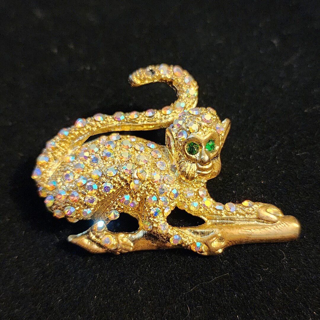 Vintage Cute Sparkly Monkey Brooch, Gold 1.8 Inch Lapel Pin With ...
