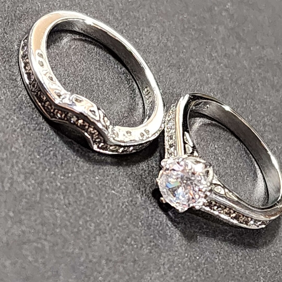 Silver Engagement Ring Set, Stainless Steel Wedding Ring Set Channel ...