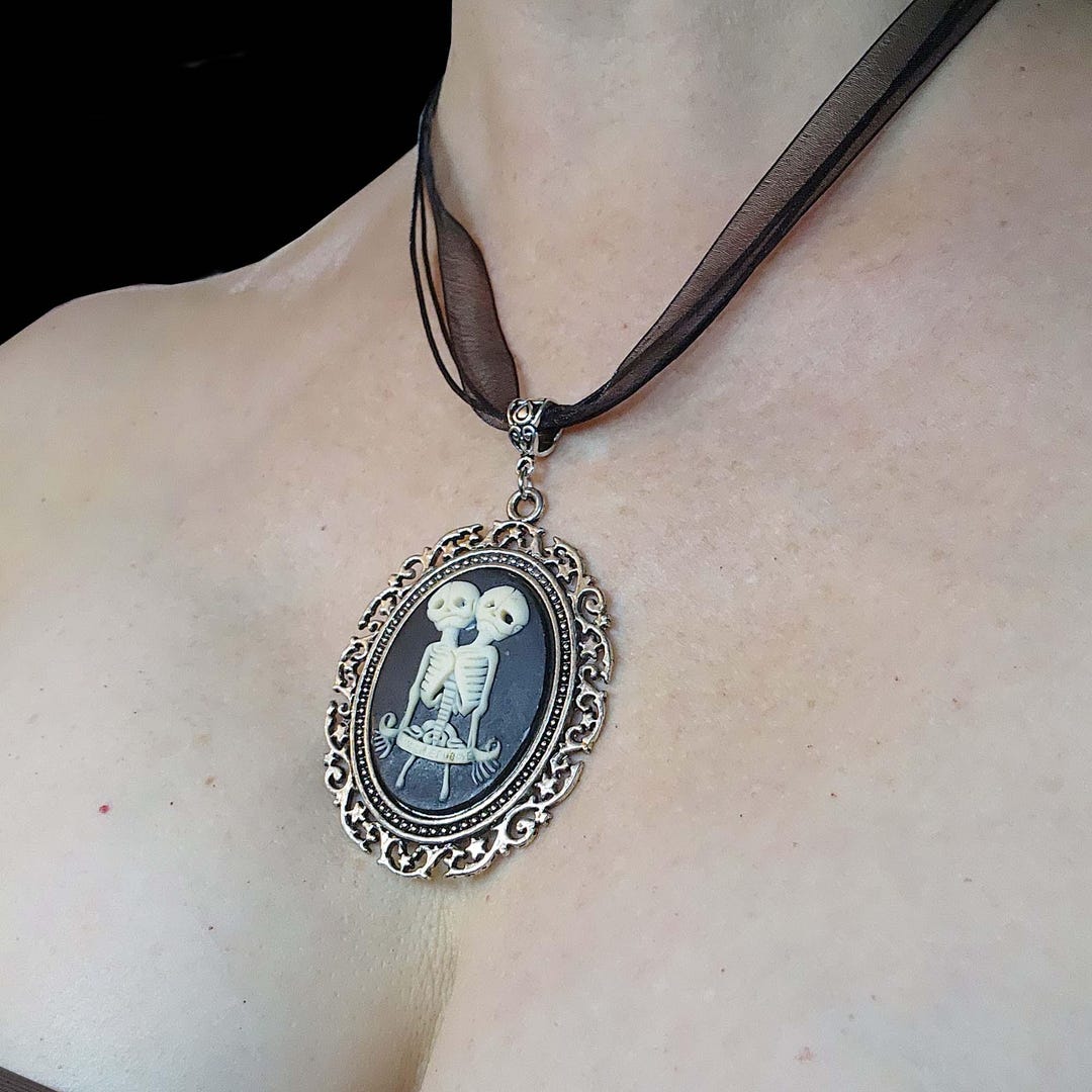 Two-headed Skeleton Cameo Necklace, Goth Halloween Pendant Vintage ...