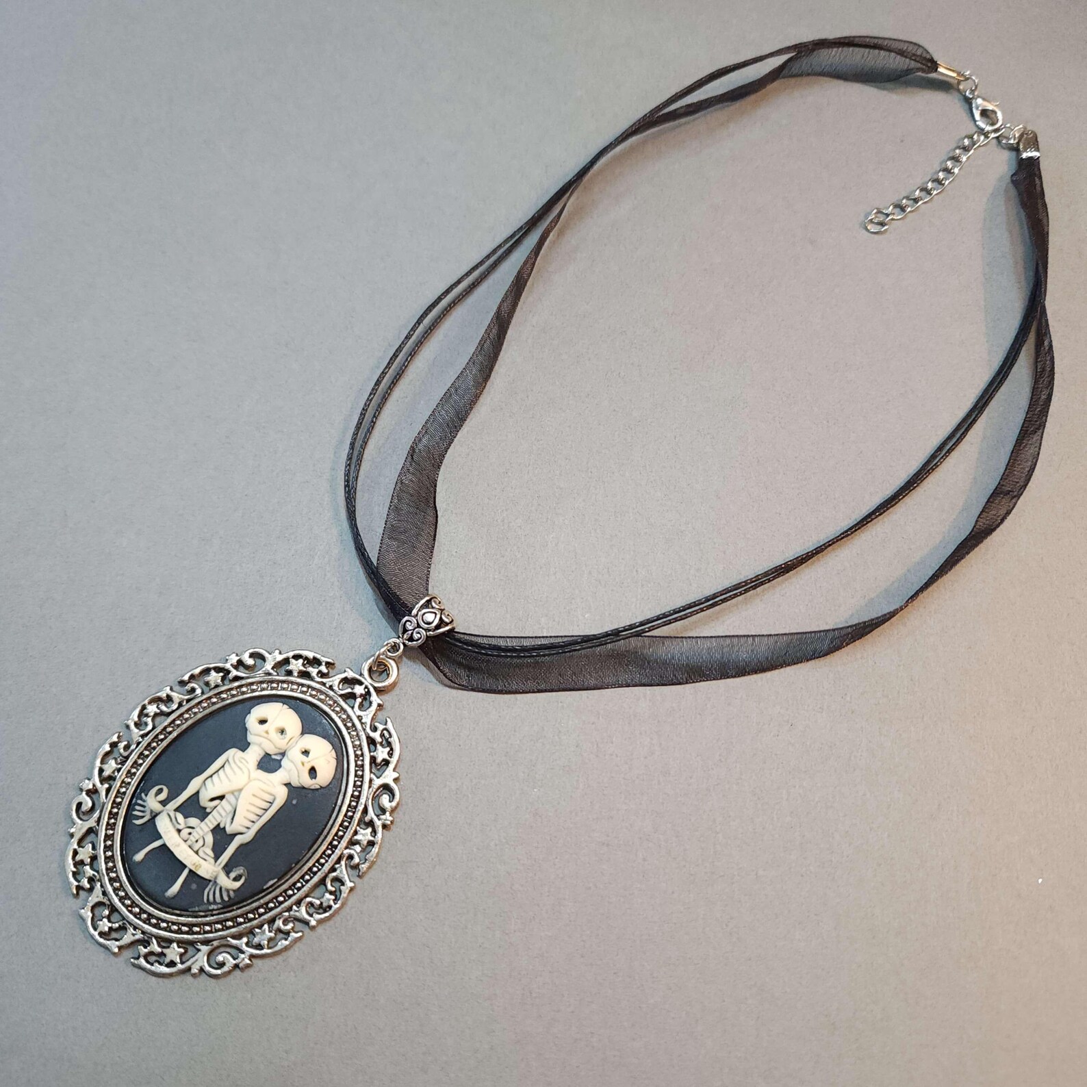 Two-headed Skeleton Cameo Necklace, Goth Halloween Pendant Vintage ...