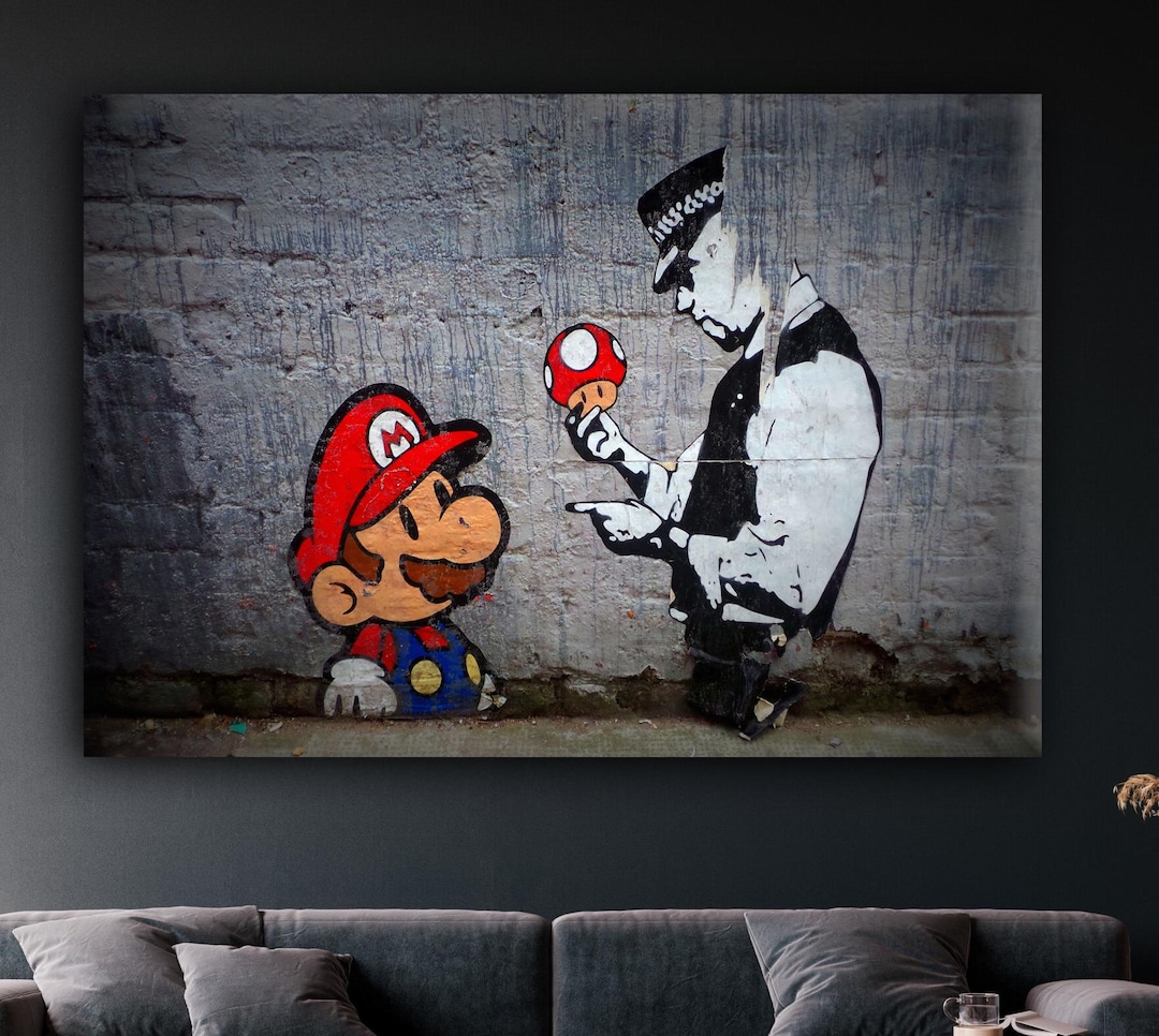 Banksy -mario With a Policeman- Street Art - Glass Printing Wall Art ...