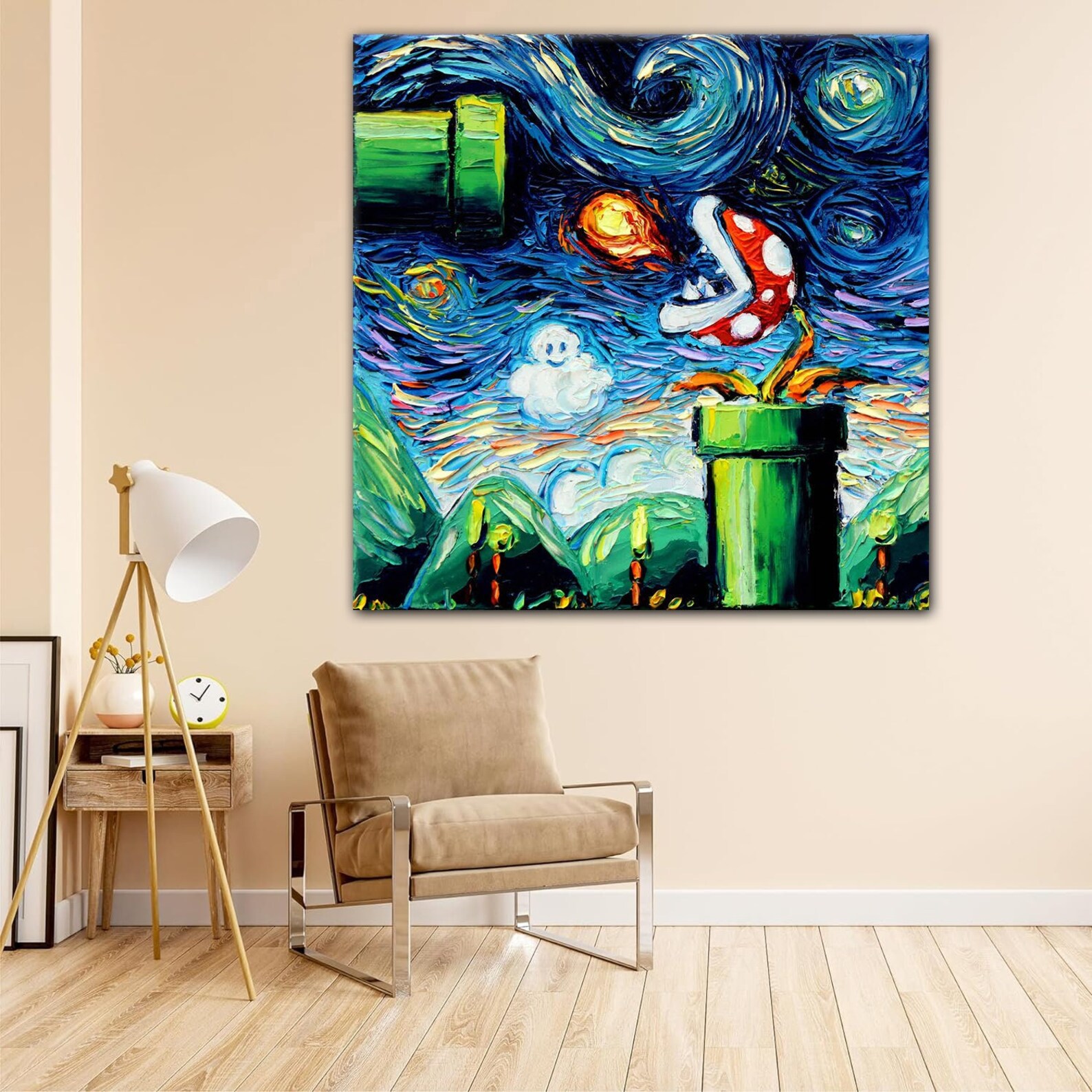 Mario Starry Night Canvas, Mario Bros Glass Art, Mario World Home Decor ...