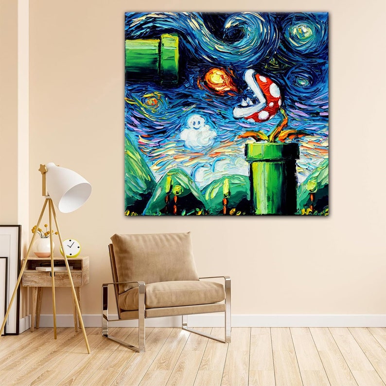 Mario Starry Night Canvas, Mario Bros Glass Art, Mario World Home Decor ...