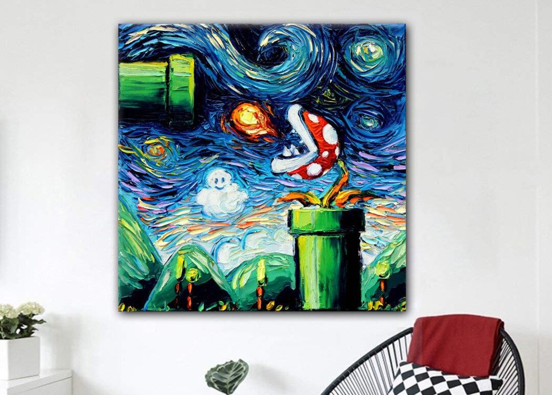 Mario Starry Night Canvas, Mario Bros Glass Art, Mario World Home Decor ...