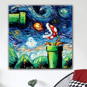Mario Starry Night Canvas, Mario Bros Glass Art, Mario World Home Decor ...