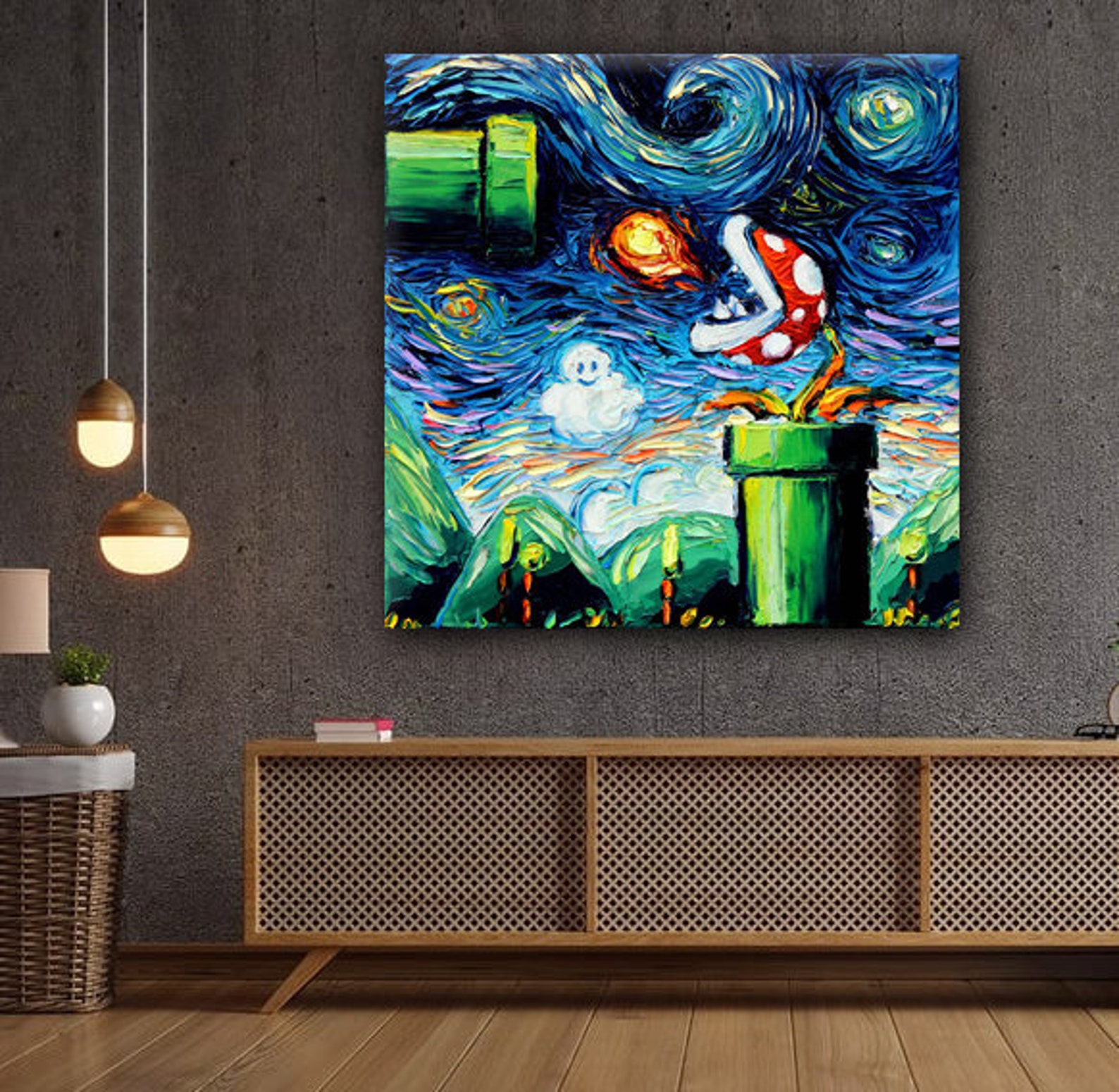 Mario Starry Night Canvas, Mario Bros Glass Art, Mario World Home Decor ...