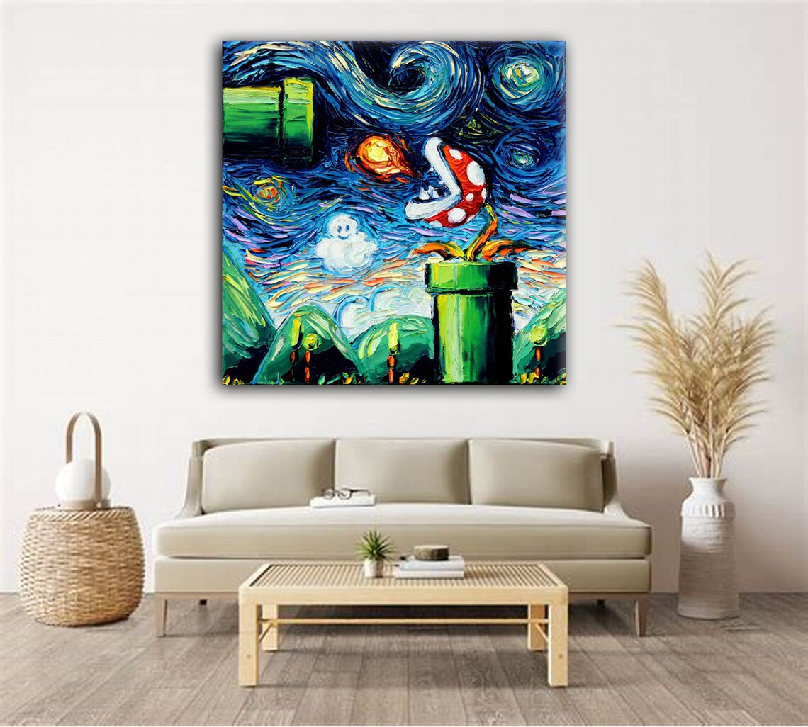 Mario Starry Night Canvas, Mario Bros Glass Art, Mario World Home Decor ...