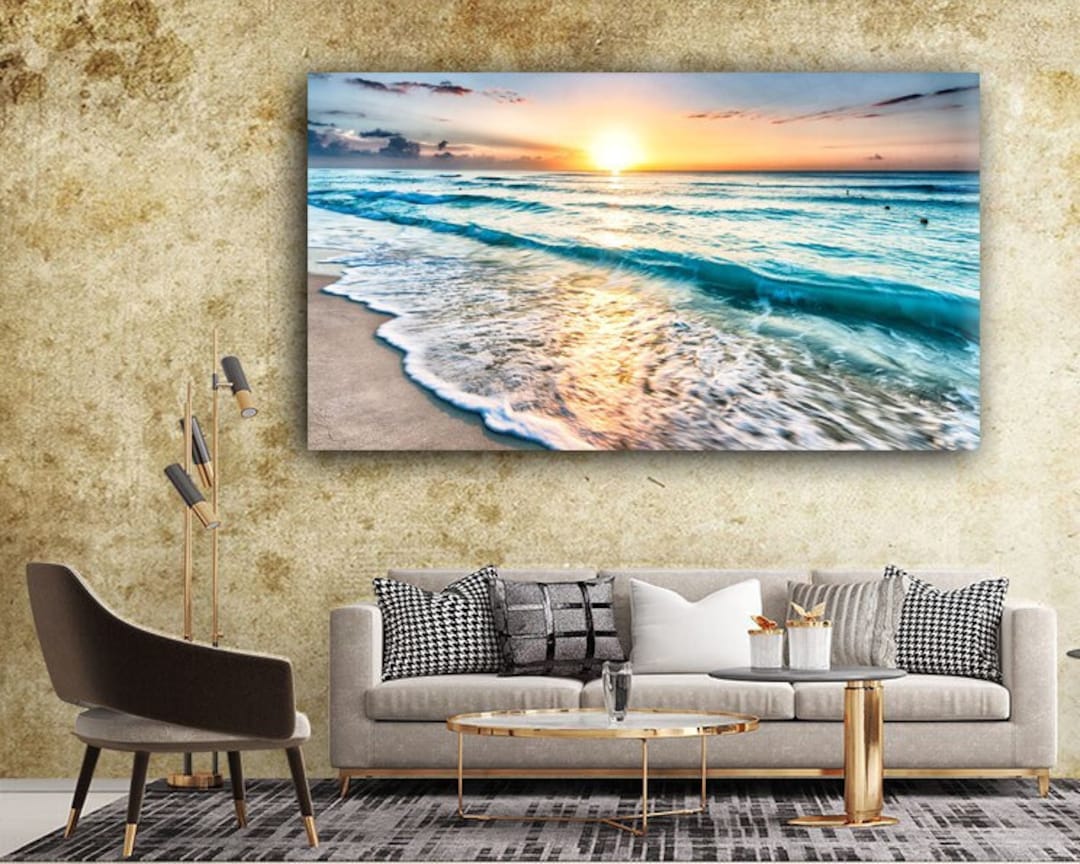 Beach Scenery Glass Wall Art, Beach View, Sea Landscape Wall Decor, Beach Wall Art,sunset at the ...