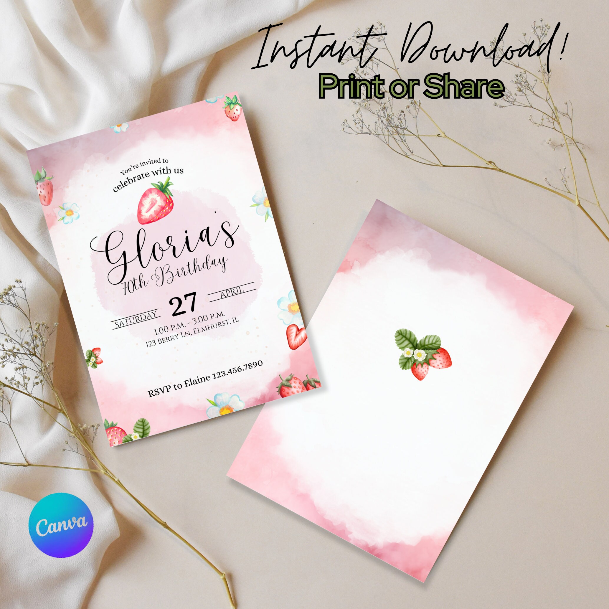 EDITABLE Strawberry Party Invitation, Printable Strawberries Invitation ...