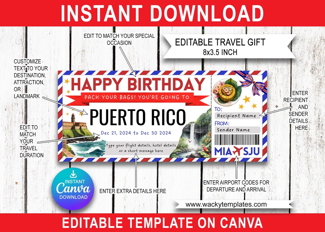 PUERTO RICO SAN Juan Bayamon Editable Boarding Pass Ticket Template ...