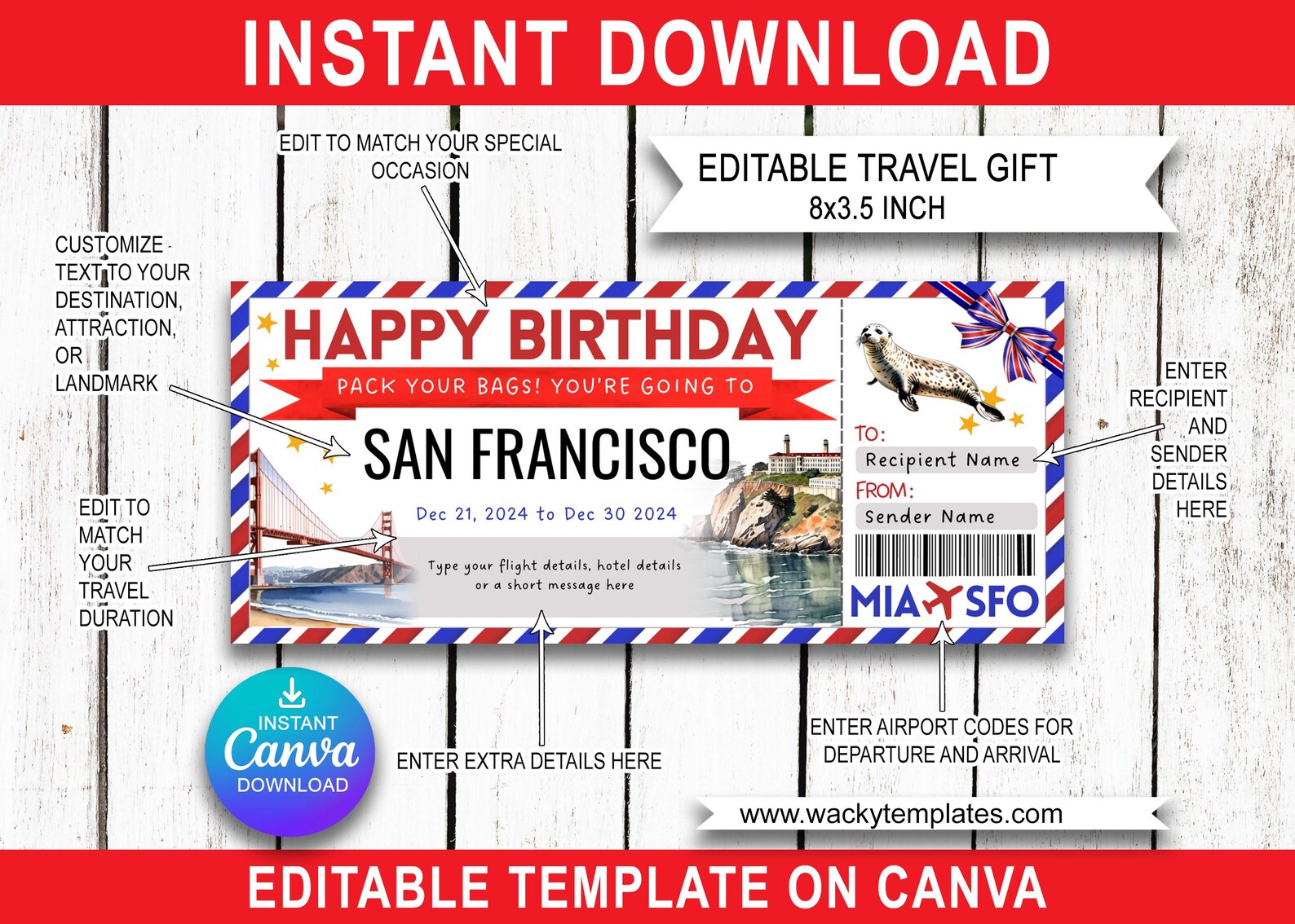 SAN FRANCISCO GOLDEN Gate Bridge Alcatraz Edit Boarding Pass Ticket ...