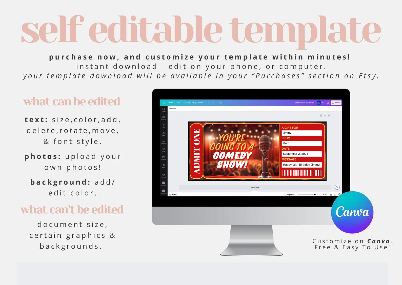 Printable COMEDY SHOW Surprise Reveal Ticket | Stand-up Comedian Gift ...