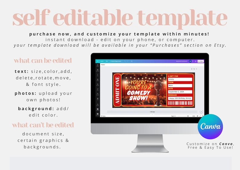 Printable COMEDY SHOW Surprise Reveal Ticket | Stand-up Comedian Gift ...