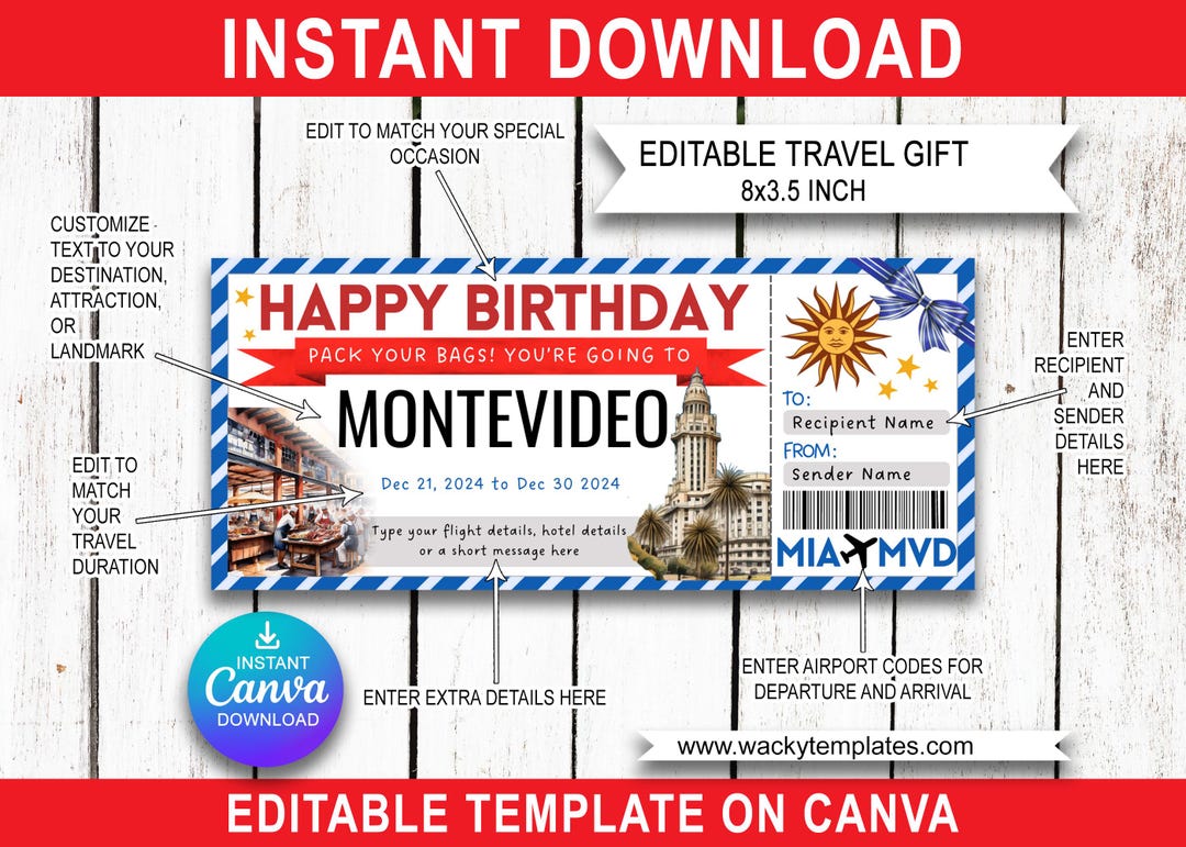MONTEVIDEO URUGUAY SALTO Edit Boarding Pass Ticket Template Voucher ...