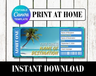 Printable BEACH VACATION Surprise Reveal Ticket, TROPICAL Vacation Gift ...