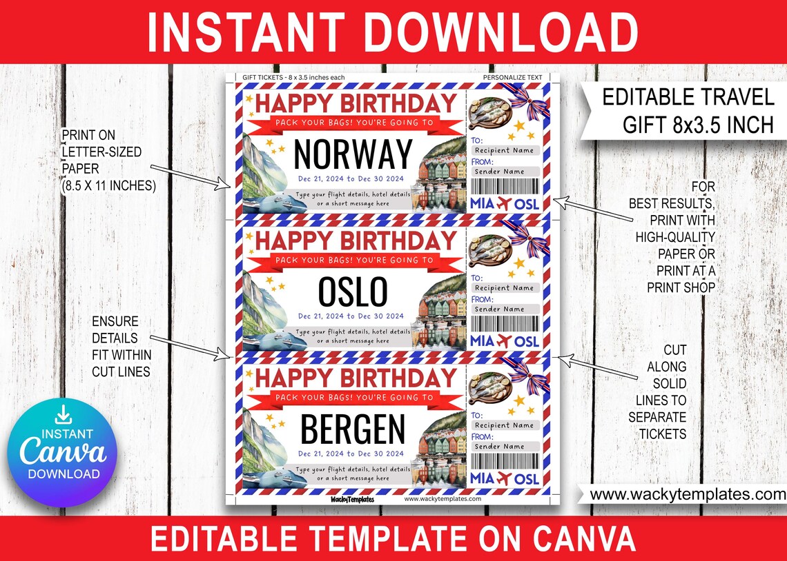 NORWAY OSLO BERGEN Editable Boarding Pass Ticket Template Voucher ...