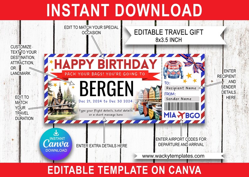BERGEN NORWAY OSLO Editable Boarding Pass Ticket Template Voucher ...