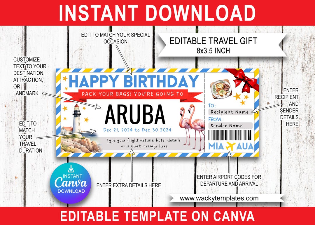 ARUBA CARIBBEAN Editable Boarding Pass Ticket Template Voucher Surprise ...