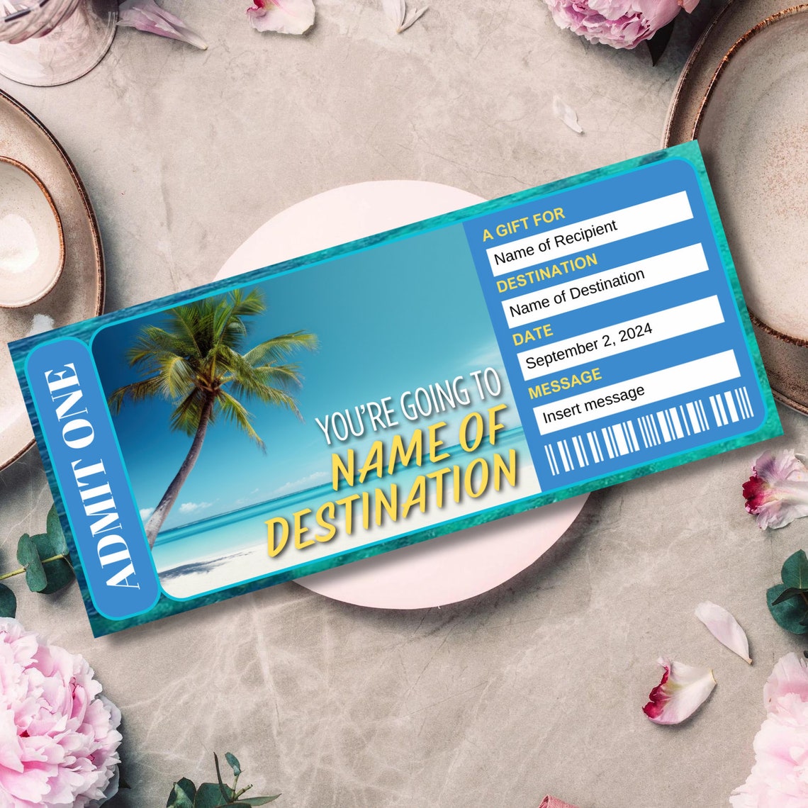 BEACH VACATION Surprise Reveal Ticket TROPICAL Vacation Gift Voucher ...